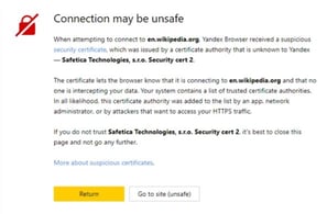 Message "connection may be unsafe" in Yandex web-browser