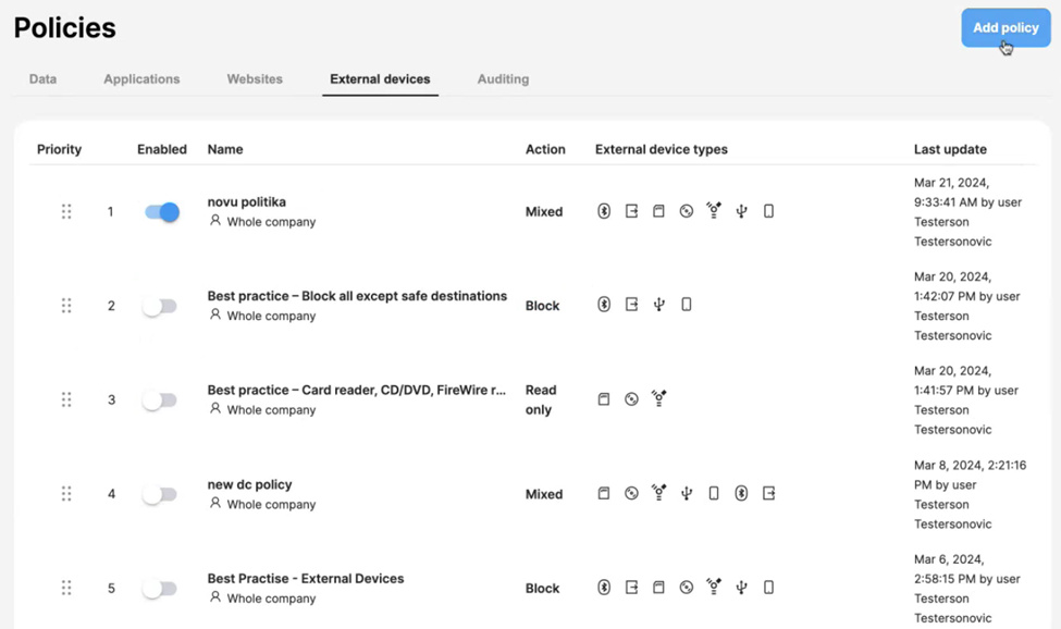 External device policies: How to block the use of selected external devices