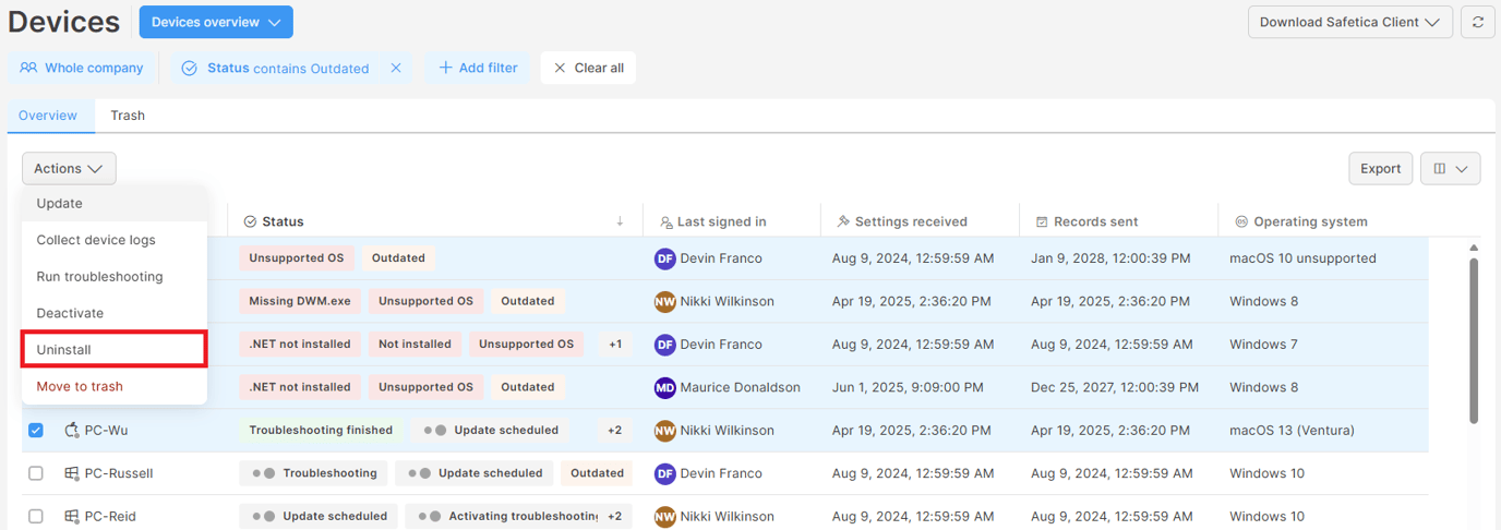 How to update and uninstall Safetica Client