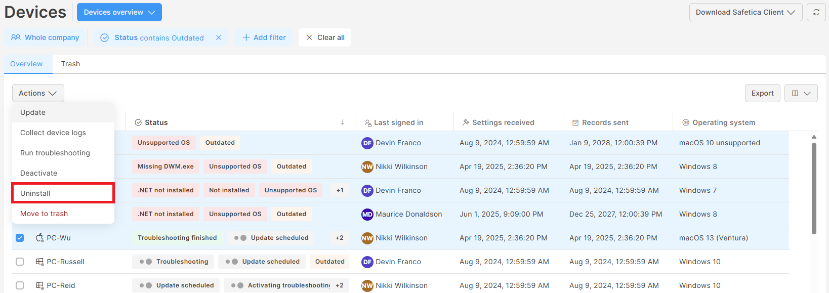 How to update and uninstall Safetica Client