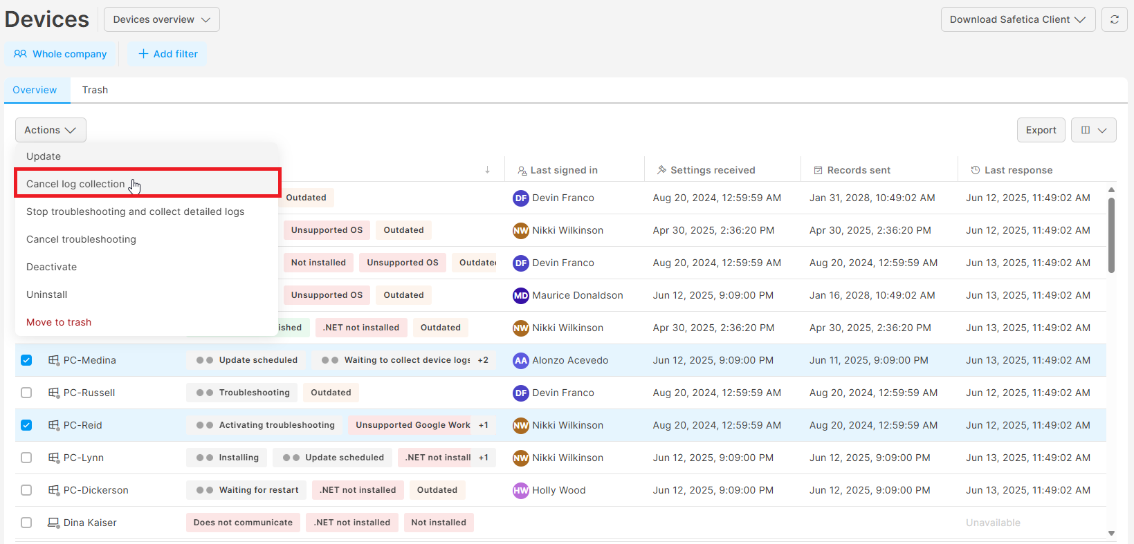 How to troubleshoot a device and collect logs in the new Safetica console