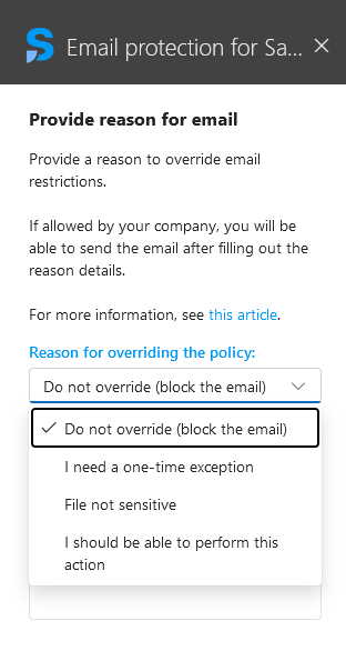 Outlook protection: Block (with override) in Outlook