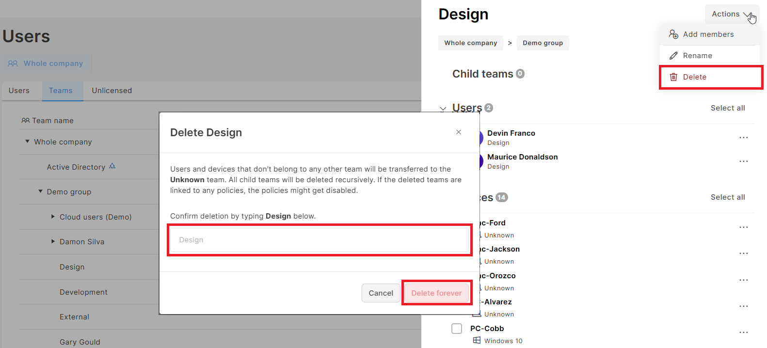 Team management: How to delete teams or remove members from them