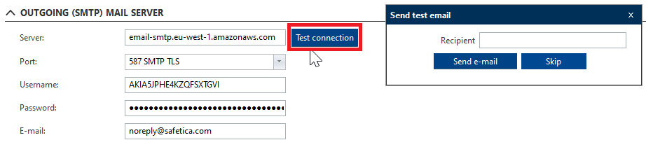 Configuring SMTP settings for Safetica alerts